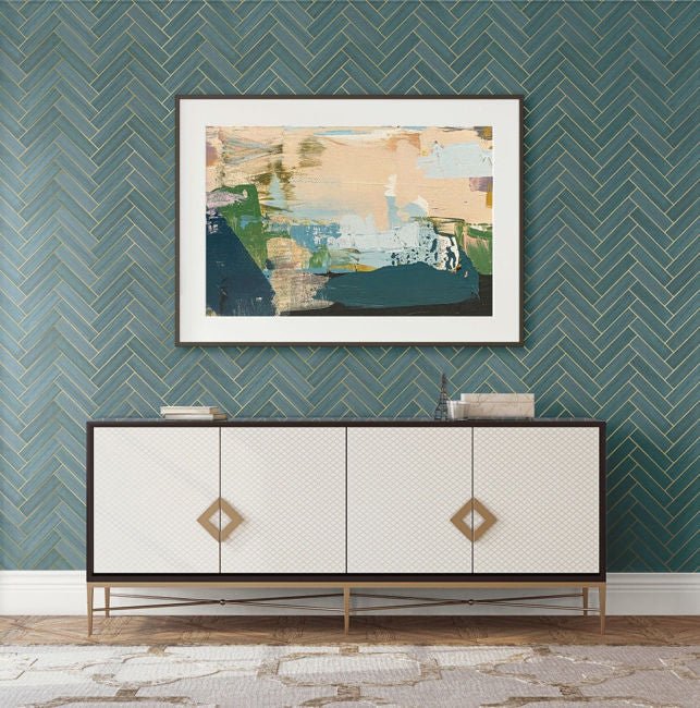 Handsome Real Grasscloth Tile Chevron in Teal NS51604 – Mayflower Wallpaper
